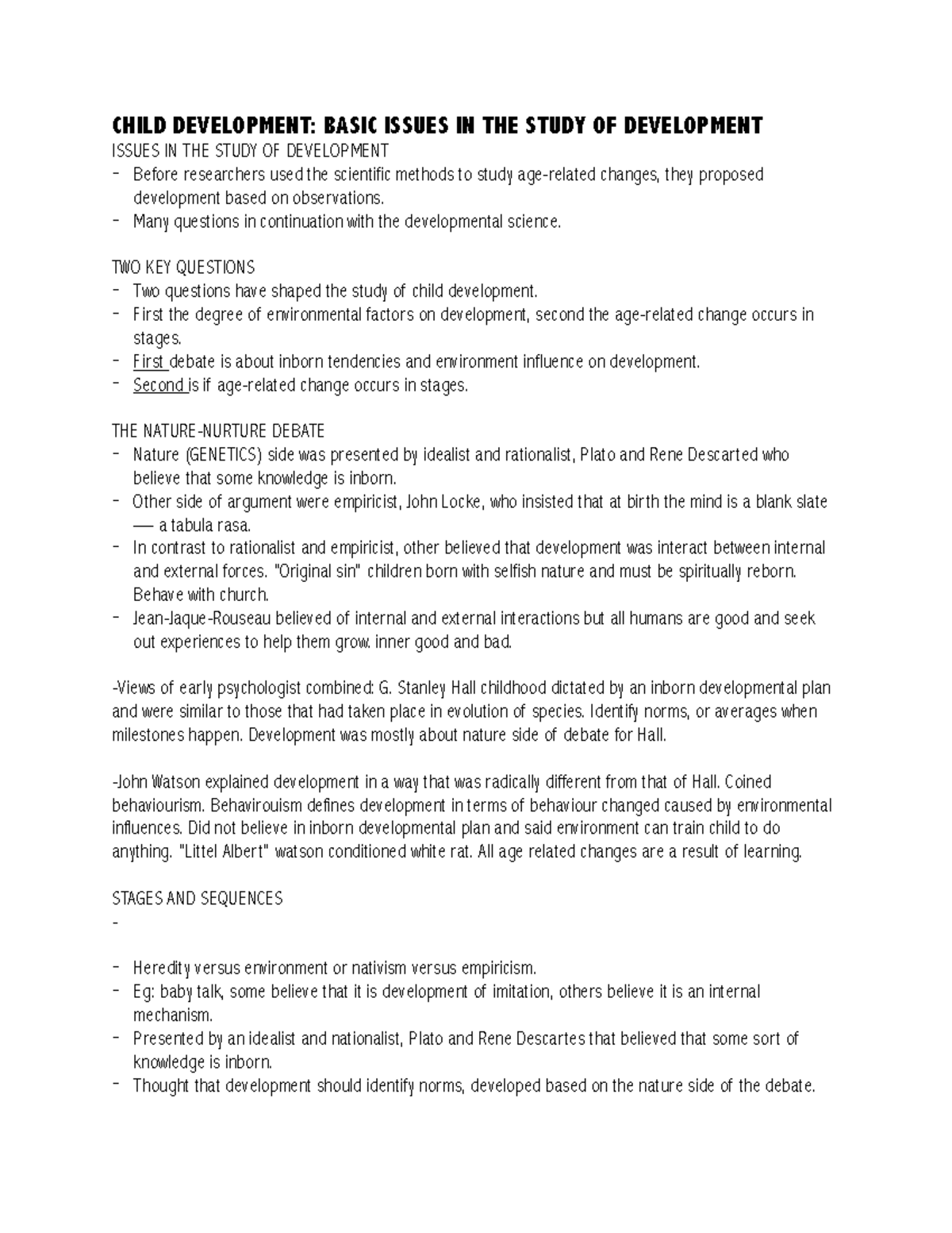 Development of the Child Notes - CHILD DEVELOPMENT: BASIC ISSUES IN THE ...