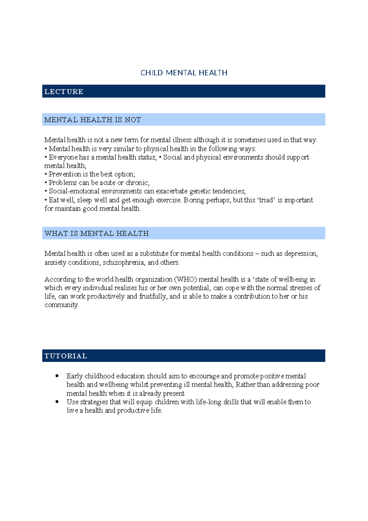 W11 - Mental health - notes - CHILD MENTAL HEALTH LECTURE MENTAL HEALTH ...