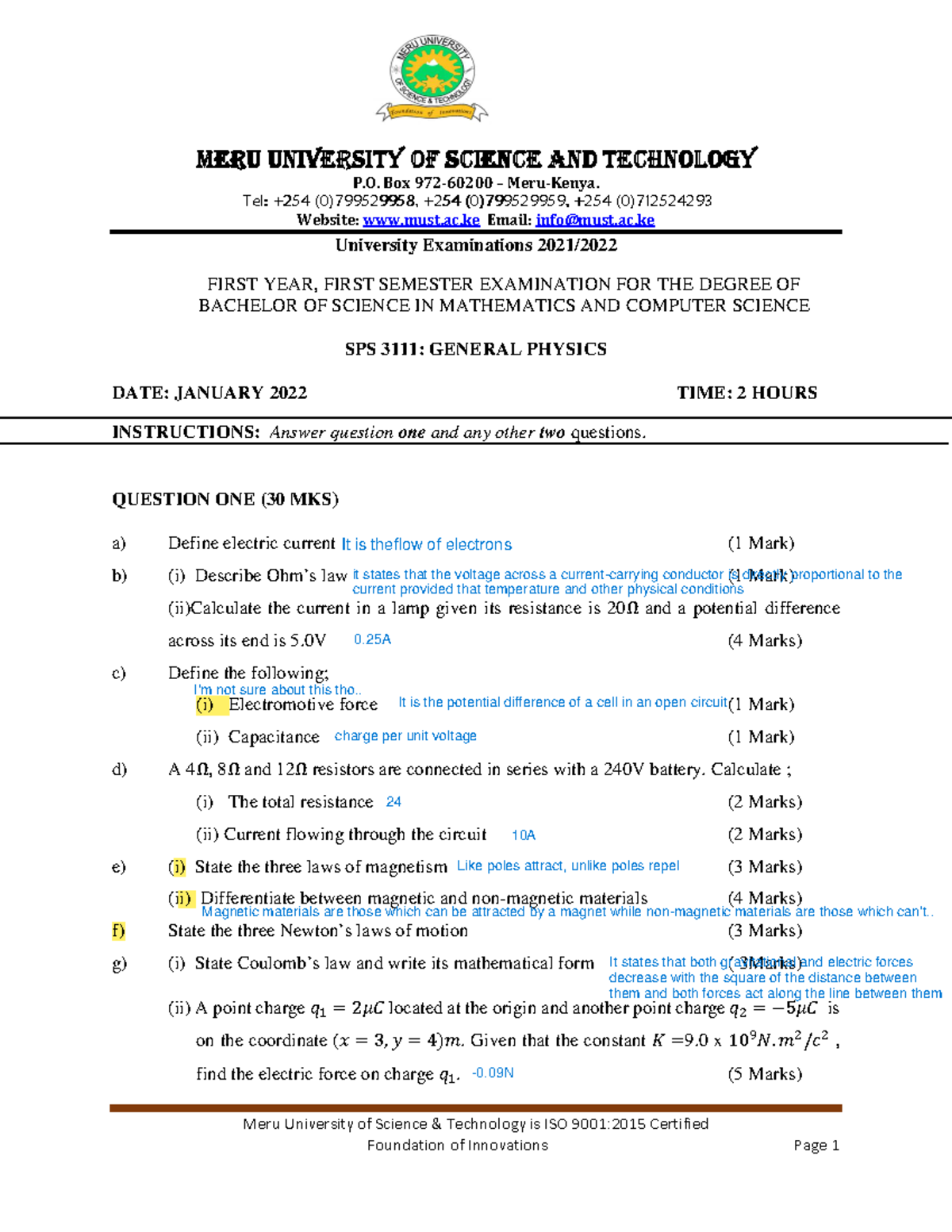 SPS-3111- General- Physics quiz - Meru University of Science & Technology is ISO 9001:2015 - Studocu