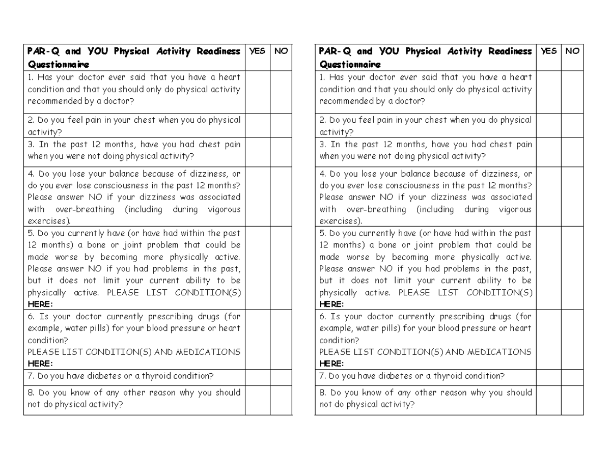 PAR - par q - PAR-Q and YOU Physical Activity Readiness Questionnaire ...