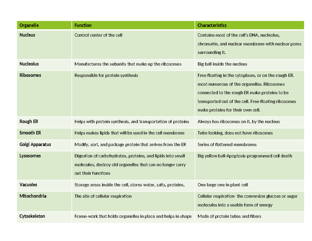 Cell Structure and Function Table NEW 2022 - Organelle Function ...