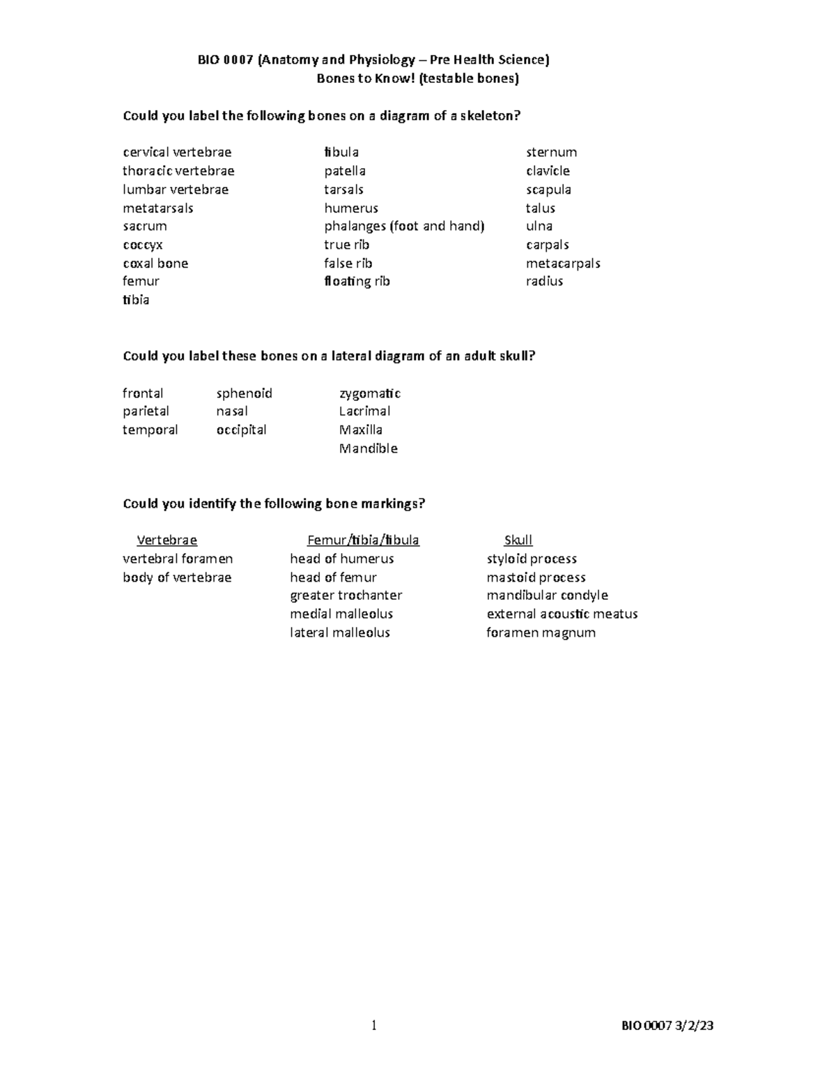 Bones to know2022 - Algonquin college - BIO 0007 (Anatomy and ...