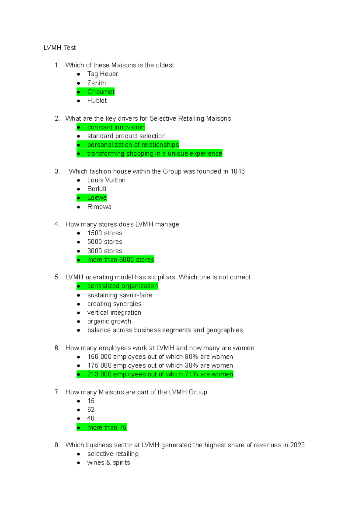 LVMH Test week 1-2 - Test di inside lvmh - LVMH Test 1. Which of these ...