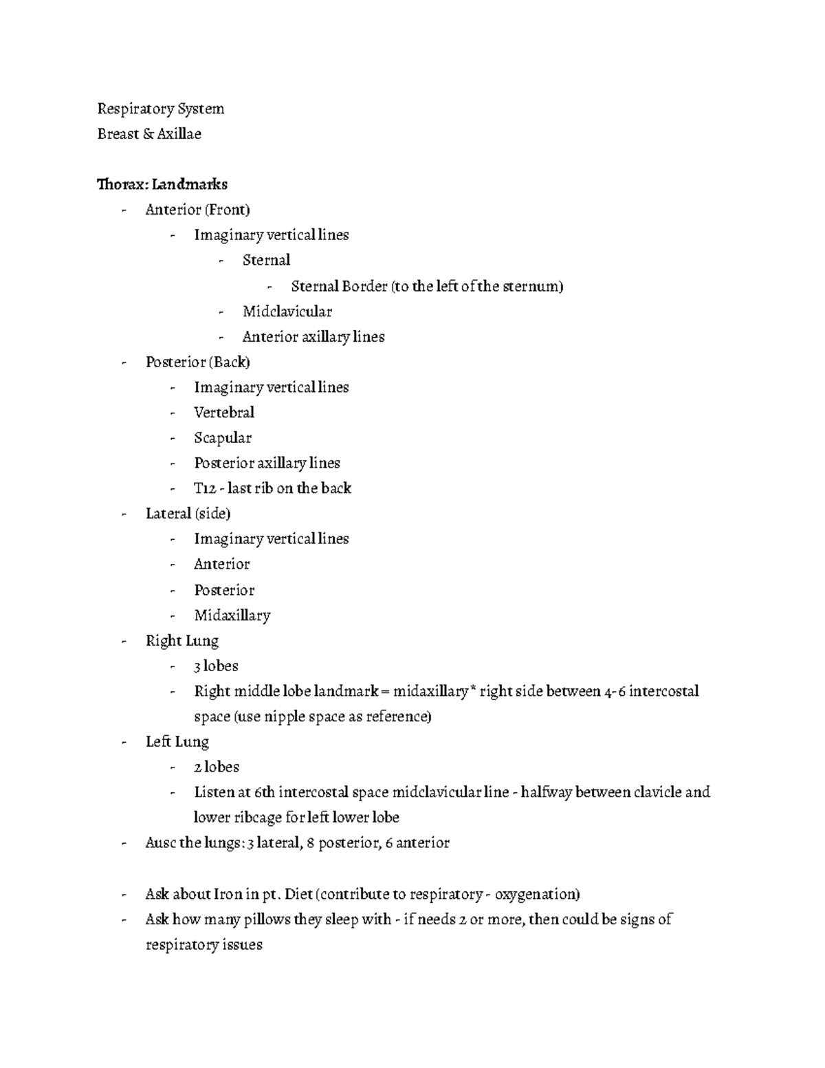 Physical Assessment - Week 3 notes - Respiratory System Breast ...