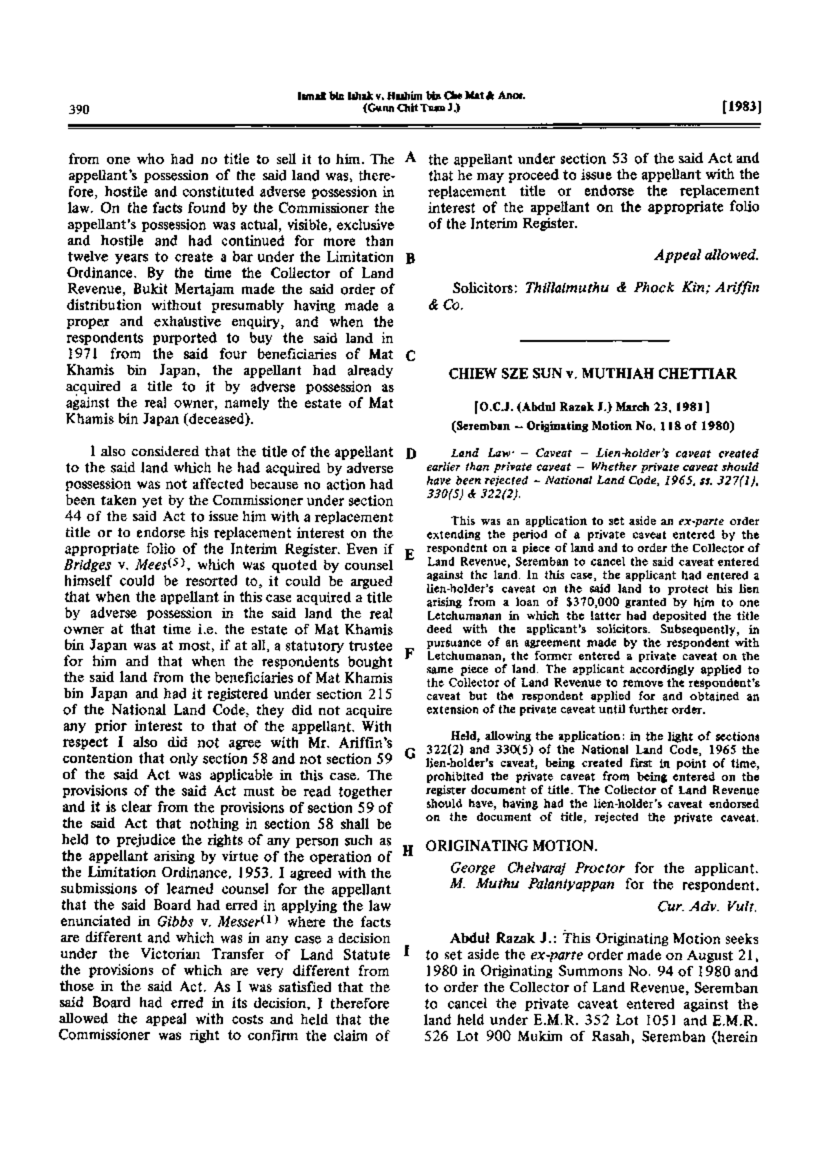 Chiew SZE SUN v Muthiah Chettiar - [1983] 1 - Land Law II - Studocu