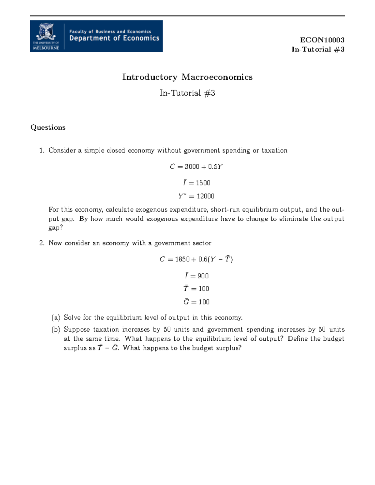 Tutorial 3 Tutor Guide Econ In Tutorial Introductory Macroeconomics In Tutorial Questions