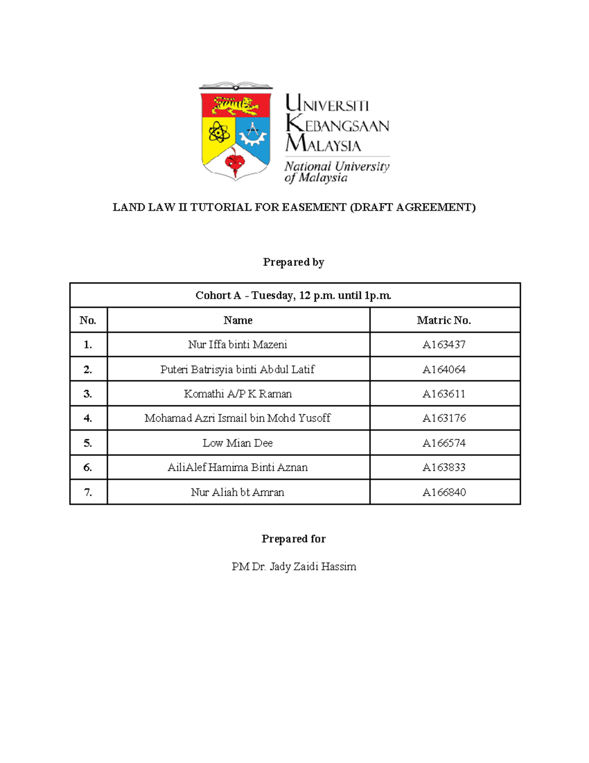 Land Law II - Easement Tutorial (Draft Agreement) - LAND LAW II ...