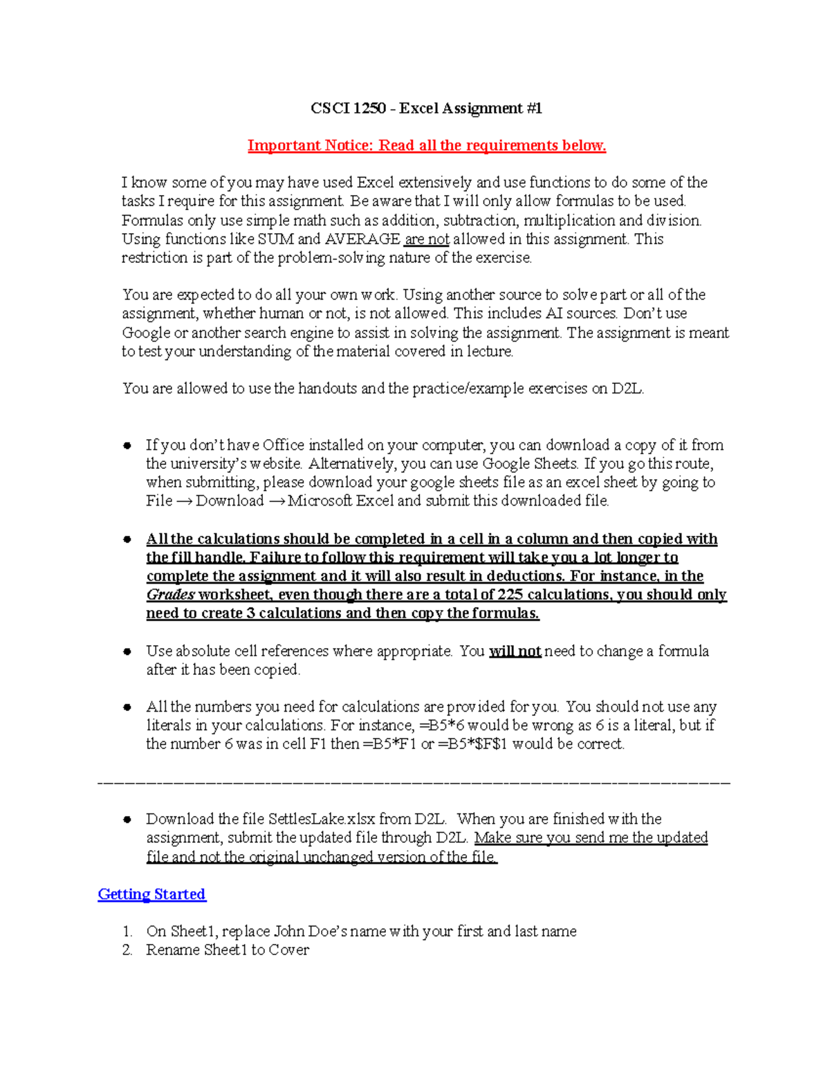Csci 1250 Assignment 1 Csci 1250 Excel Assignment Important