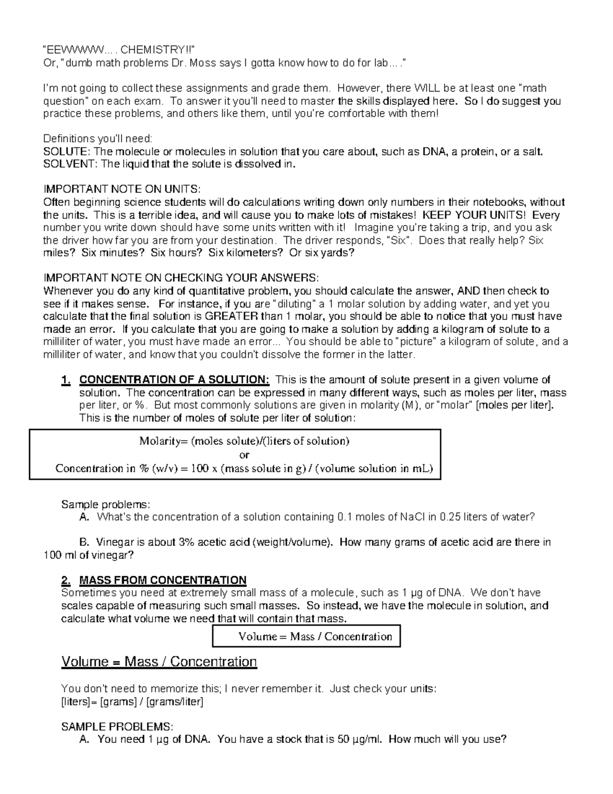 Lab solutions - Chem - Molarity= (moles solute)/(liters of solution) or ...