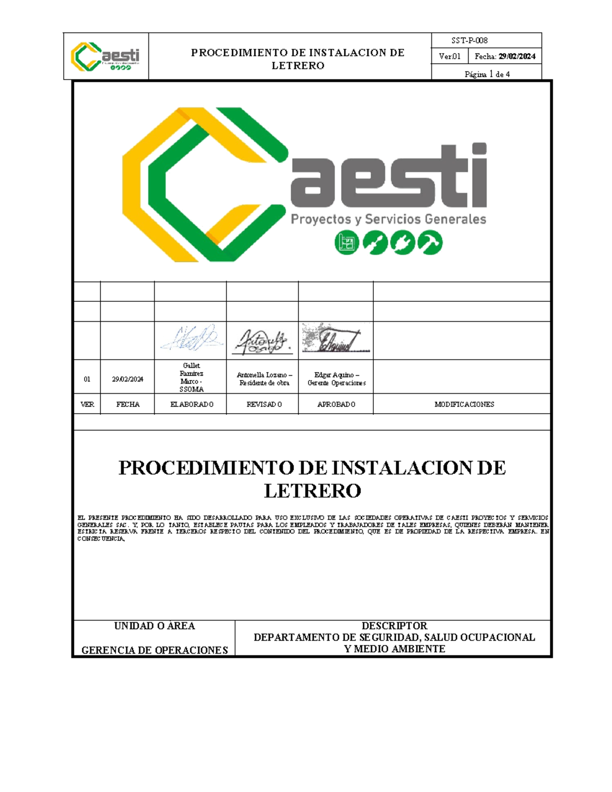 SST - P - 008 - Instalacion DE Letrero - 01 29/02/ Gallet Ramirez Marco ...