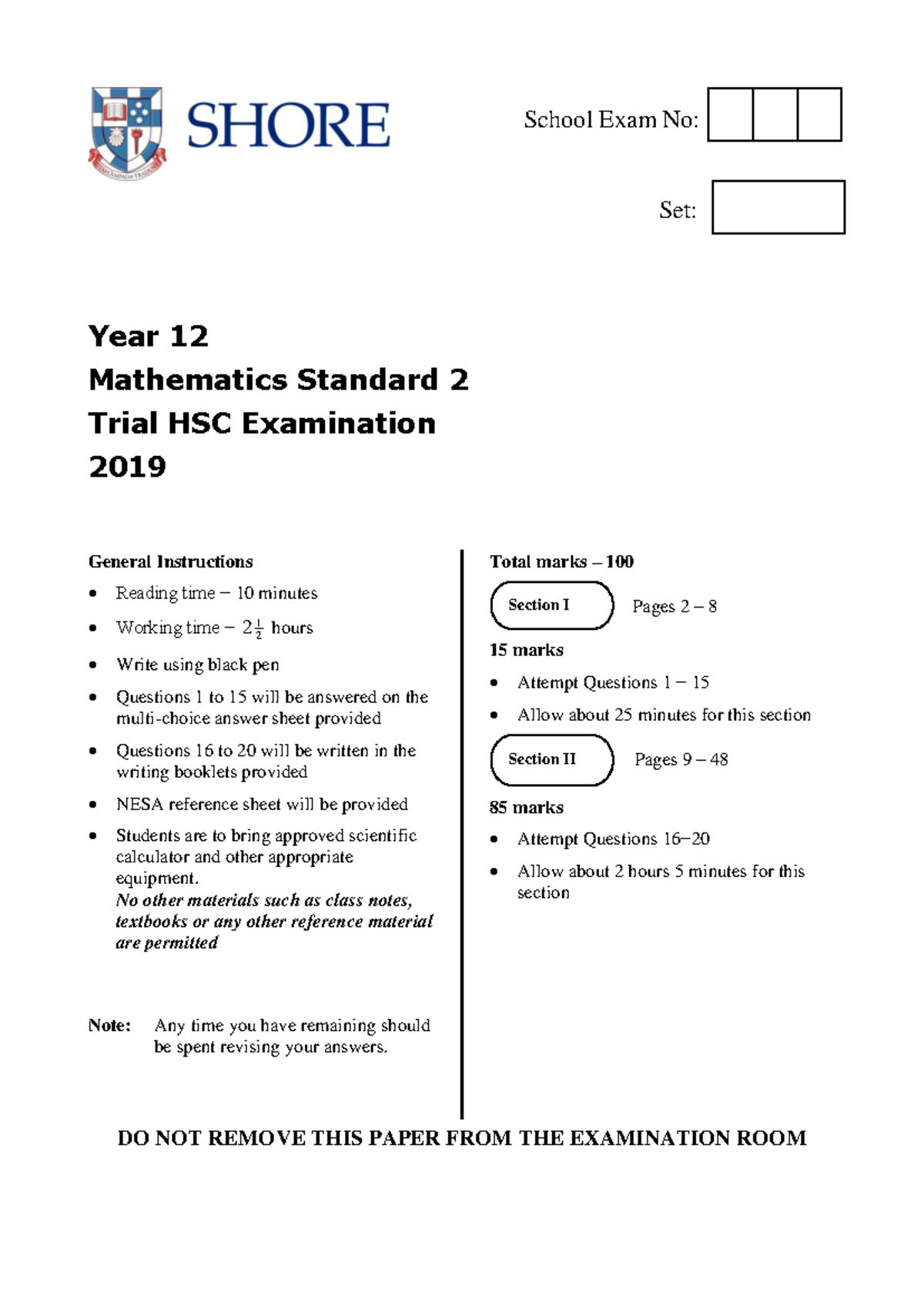 4. 2019 Year 12 Mathematics Standard 2 HSC Trial - Year 12 Mathematics ...
