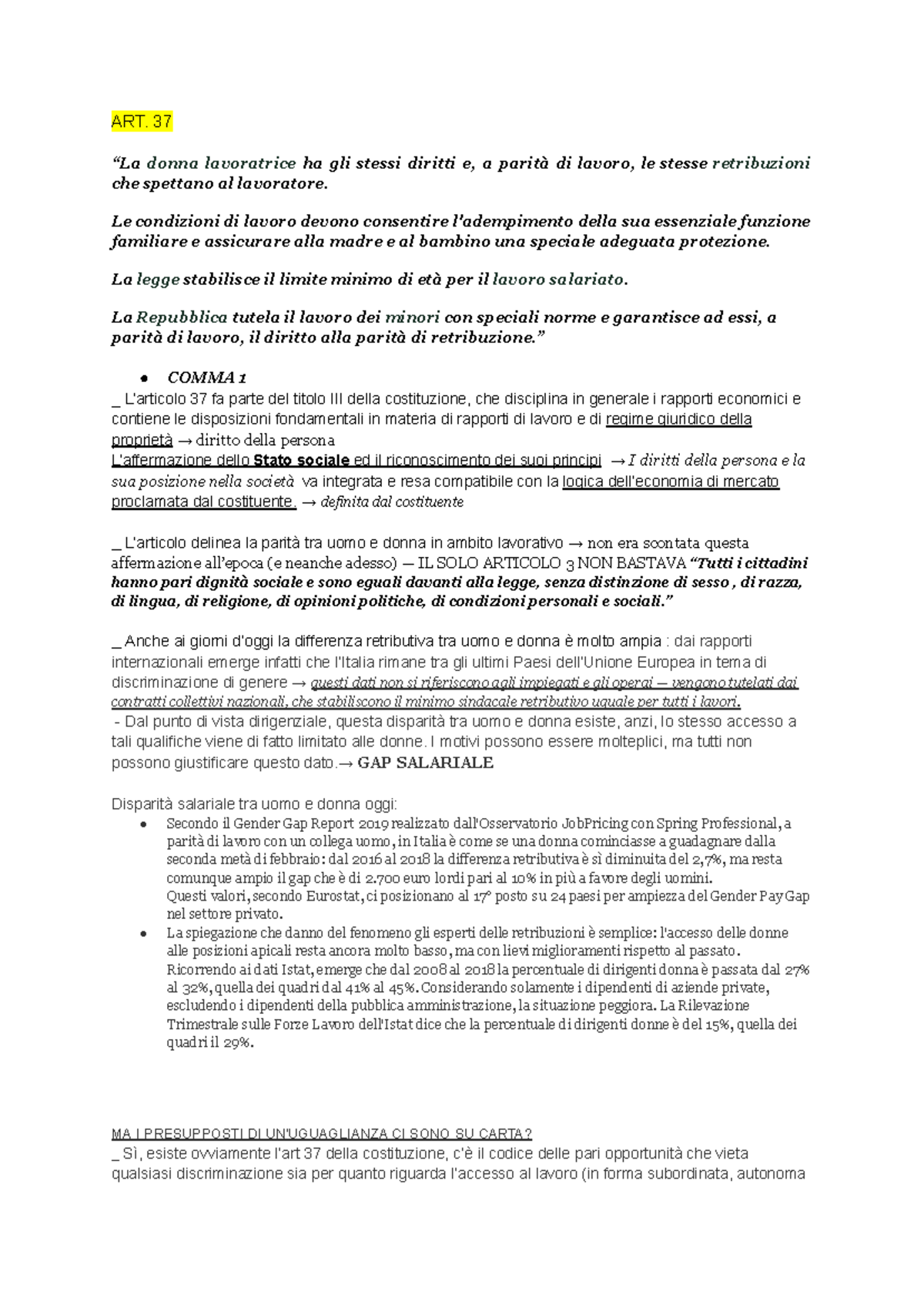 art 37 della costituzione - ART. 37 “La donna lavoratrice ha gli stessi ...