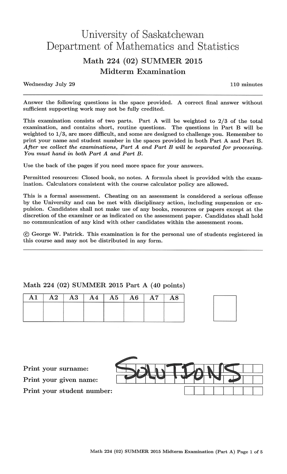 Exam 29 July 2015, Questions And Answers - Midterm - University of ...