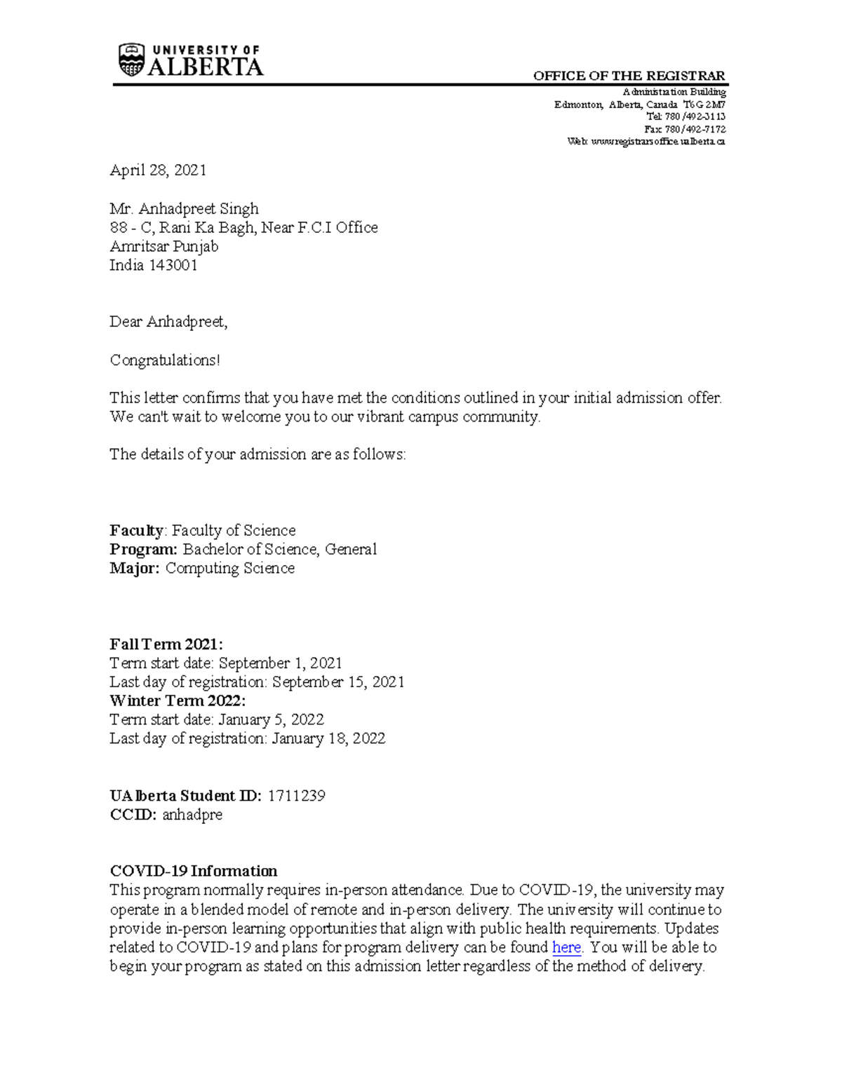 Letter - Lecture notes 1-11 - Administration Building Edmonton, Alberta ...