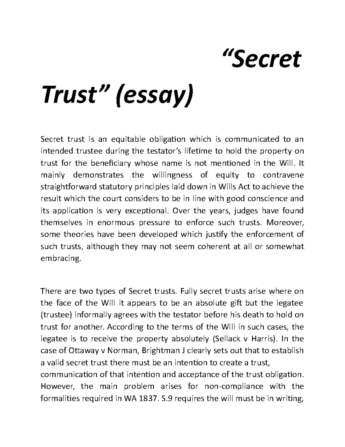 Secret Trust essay - “Secret Trust” (essay) Secret trust is an ...