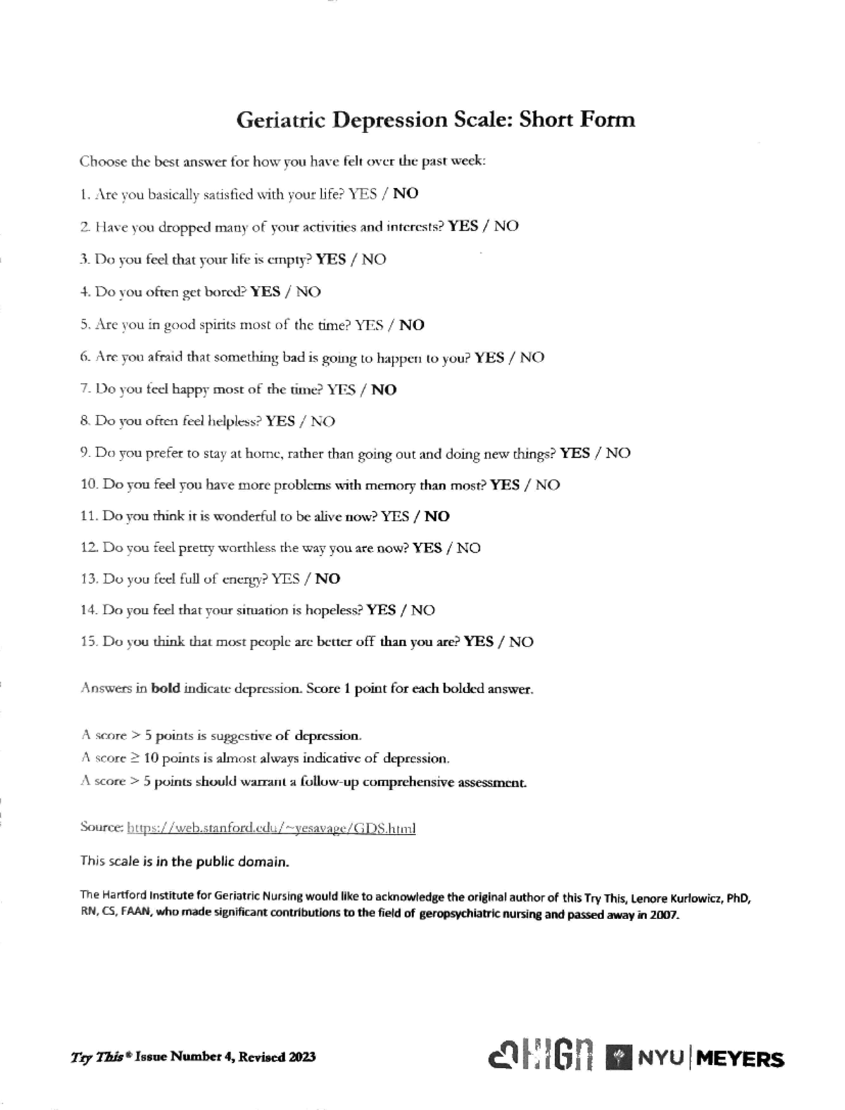 Geriatric Depression Scale Short Form - NUR611 - Studocu