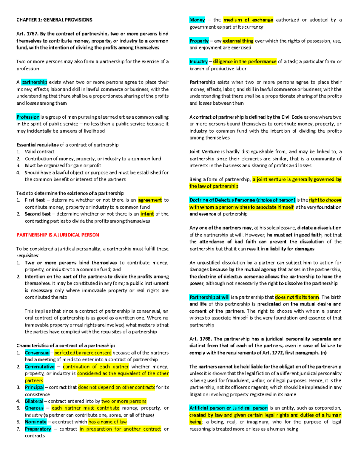 Chapter 1 Buslaw - Notes - CHAPTER 1: GENERAL PROVISIONS Art. 1767. By ...
