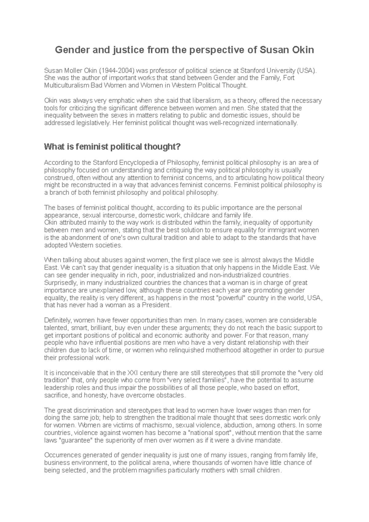 Gender and justice from the perspective of Susan Okin - She was the ...