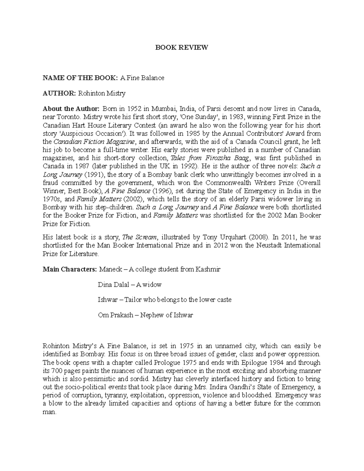 Book Review - A fine Balance - Rohinton Mistry - BOOK REVIEW NAME OF ...