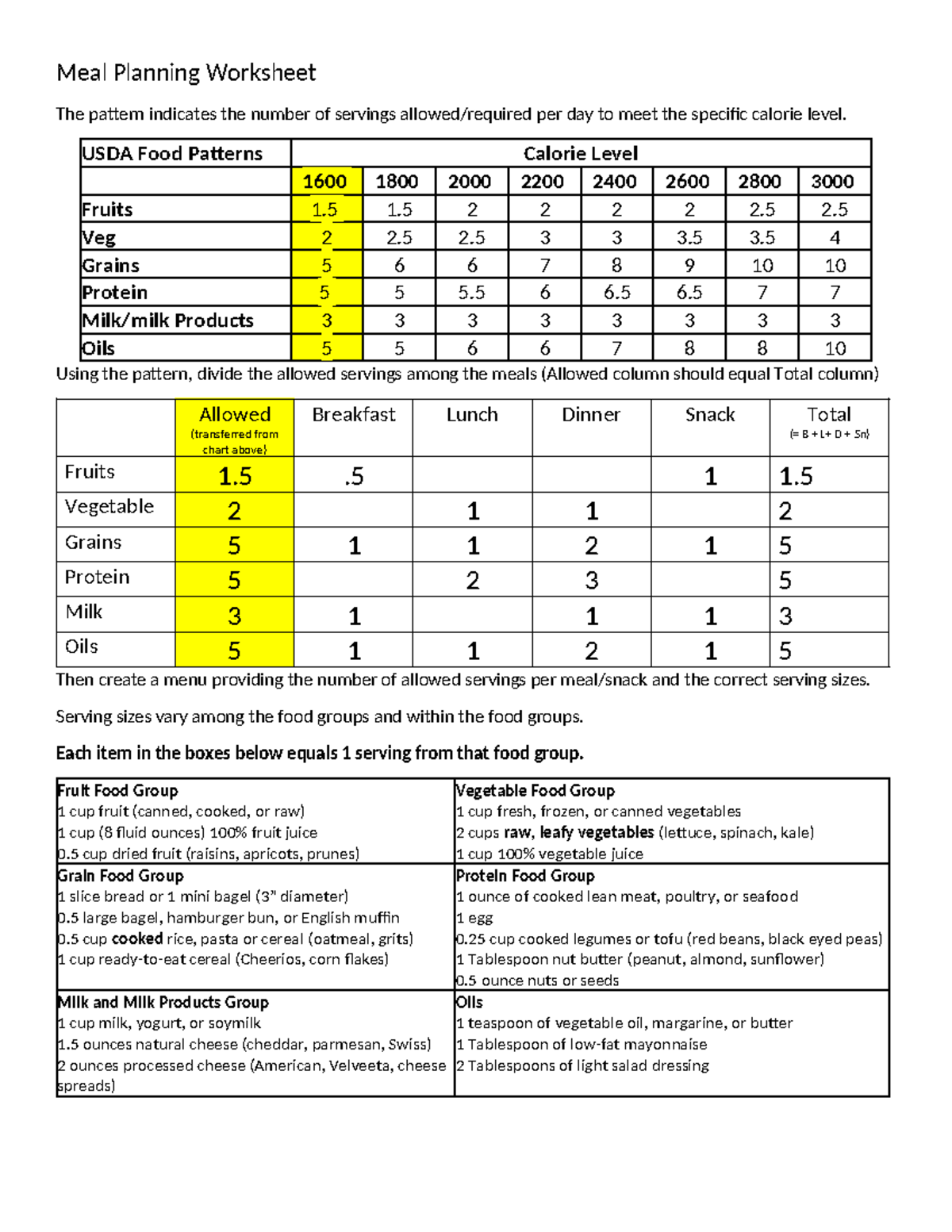 Meal Planning Worksheet-1600 calorie pattern and menu - Meal Planning ...