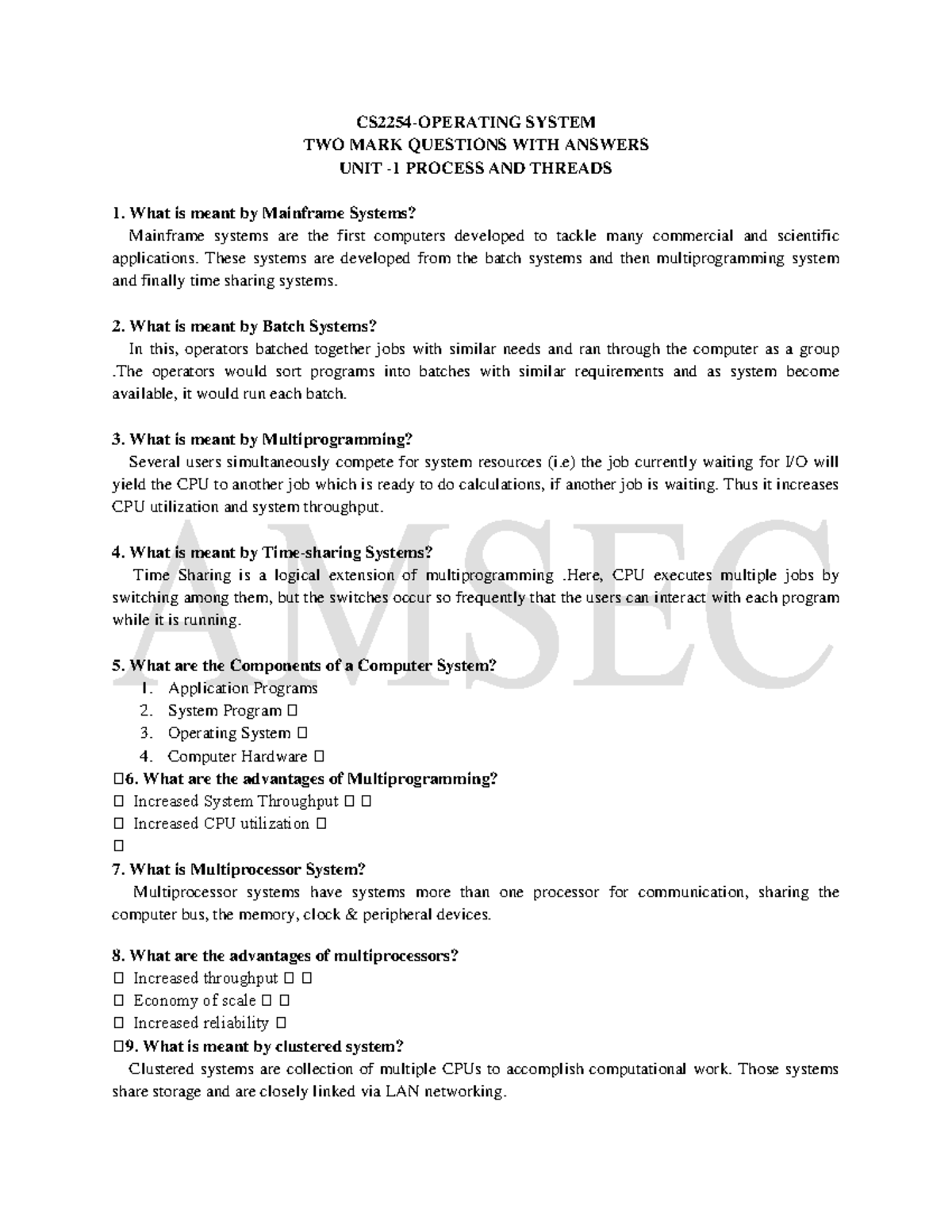 Cs2411 Operating System Cs2254 Operating System Two Mark Questions With Answers Unit 1