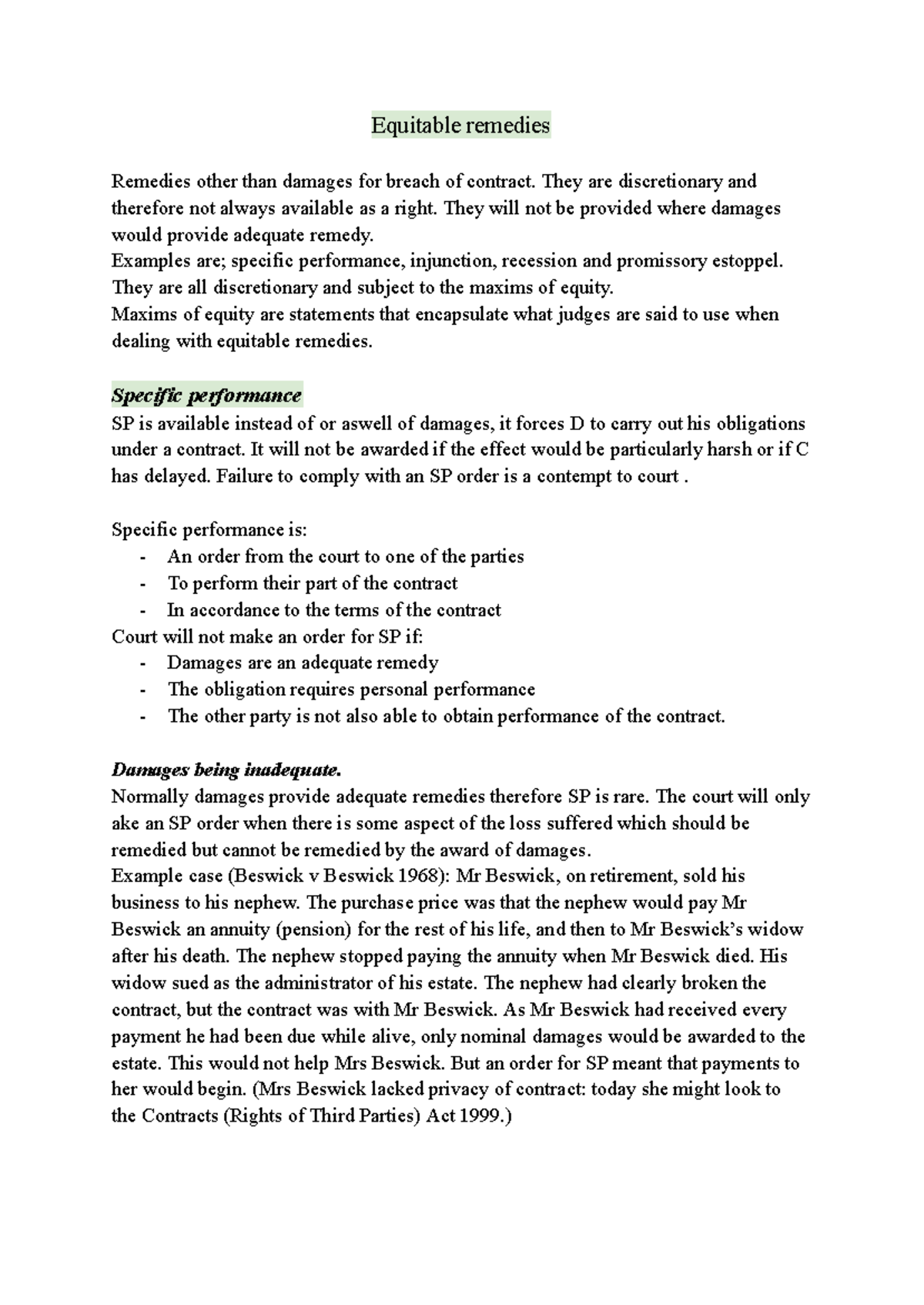 Equitable remedies - Equitable remedies Remedies other than damages for ...