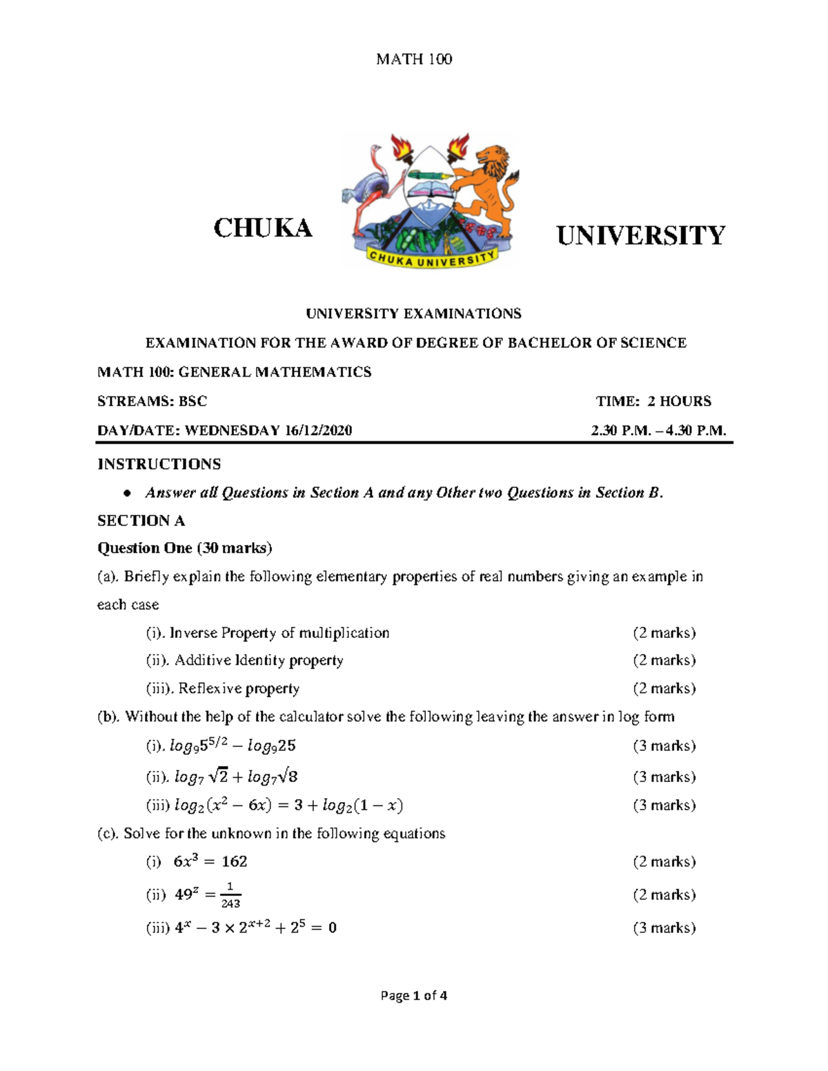 Math 100 Exam - CHUKA UNIVERSITY UNIVERSITY EXAMINATIONS EXAMINATION ...