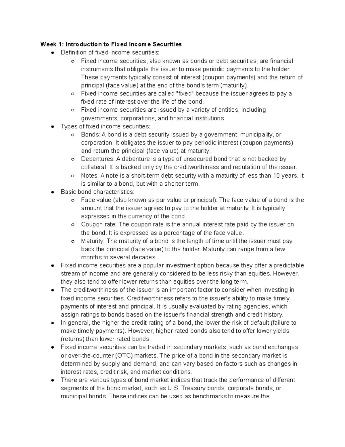 BUS131 Fixed Income Securities Lecture Notes - Week 1: Introduction to ...