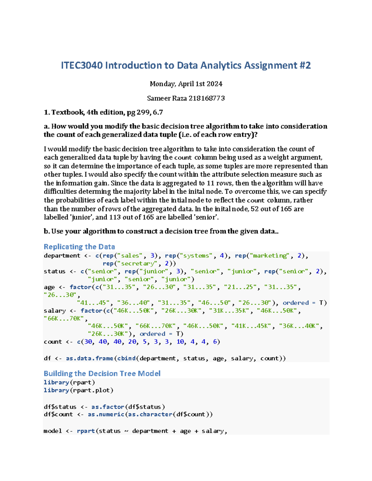 Assignment-2 - ITEC3040 Introduction to Data Analytics Assignment Monday, April 1st 2024 Sameer ...