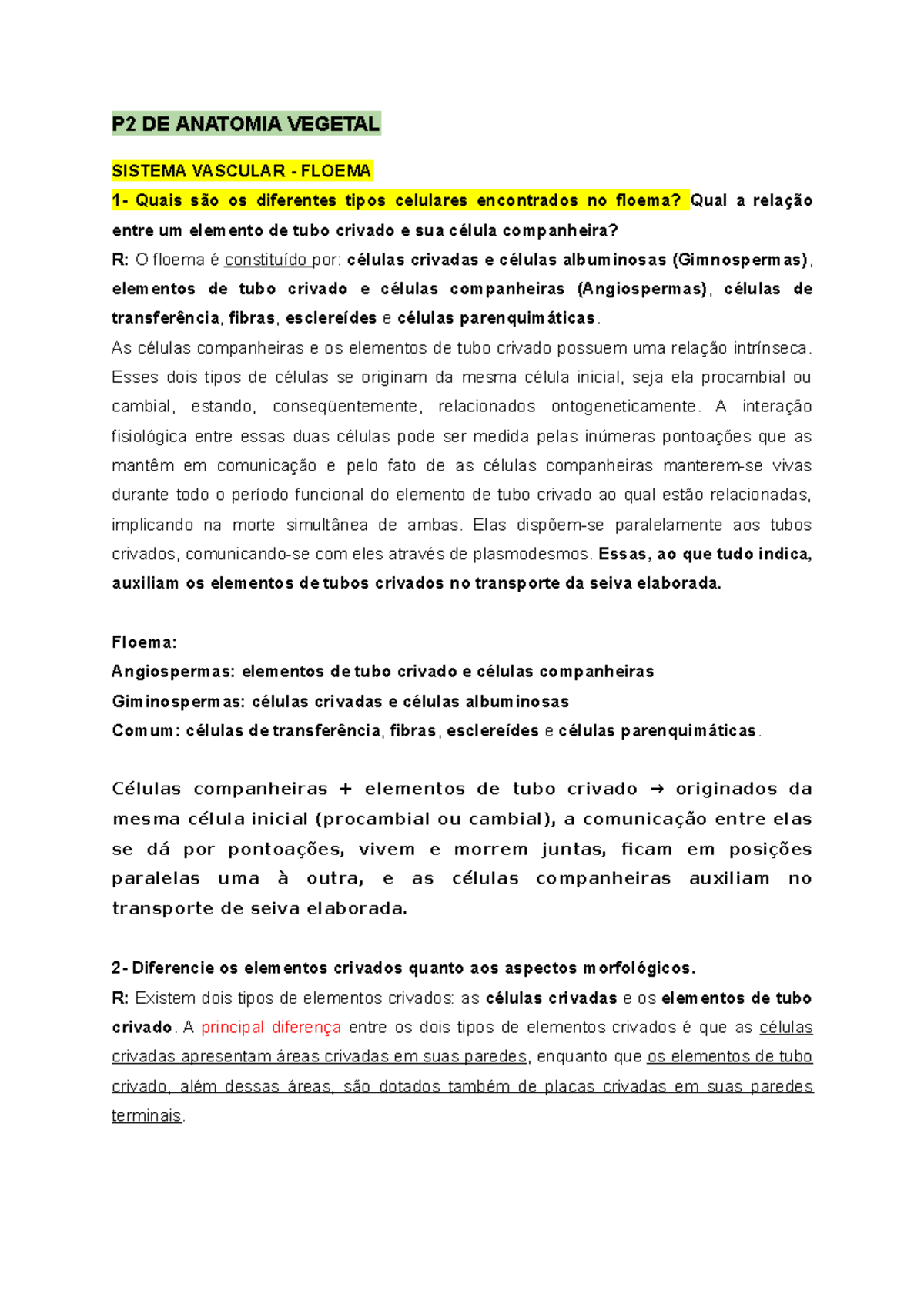 Anatomia Vegetal_O Estudo Dirigido 2 - Atividade - P2 DE ANATOMIA ...
