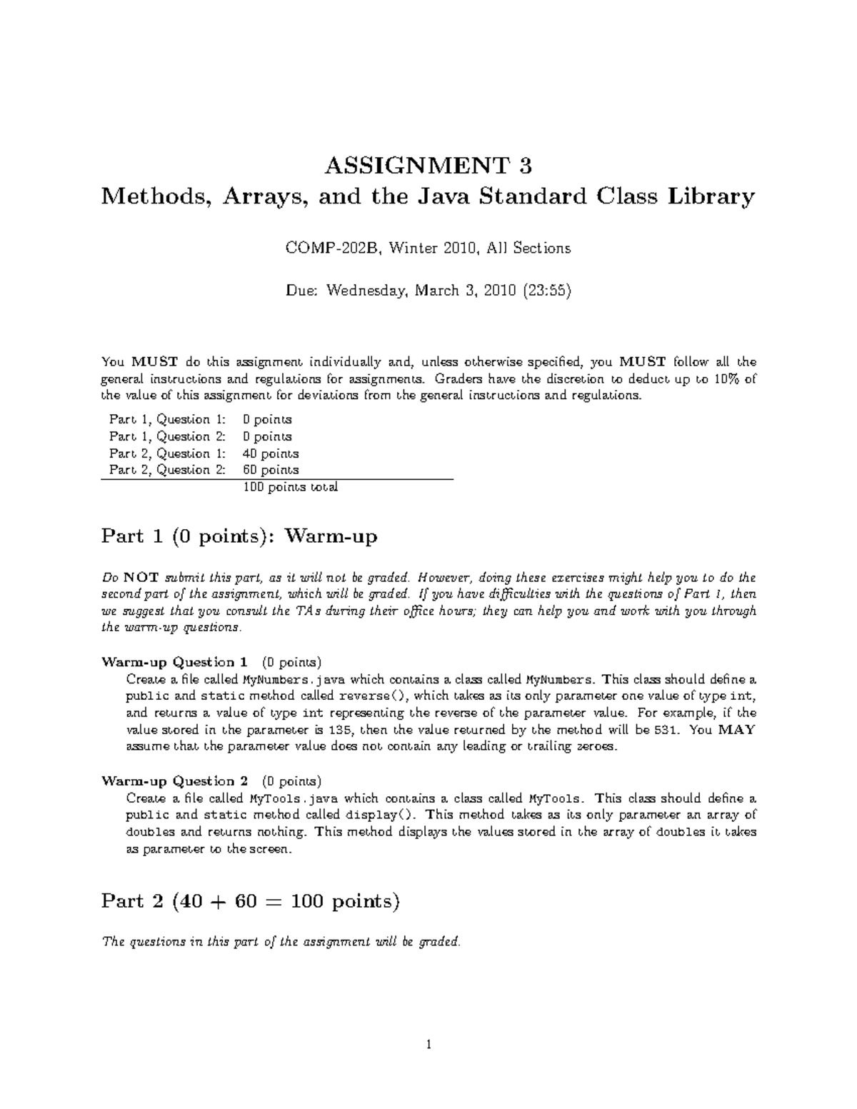 Assignment 3 winter 2010 - ASSIGNMENT 3 Methods, Arrays, and the Java Standard Class Library ...