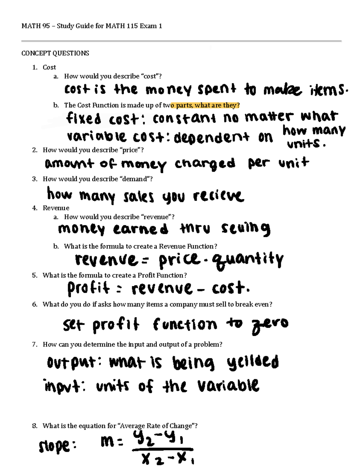 Exam 1 Study Guide STUDENT WORK - MATH 95 3 Study Guide for MATH 115 ...