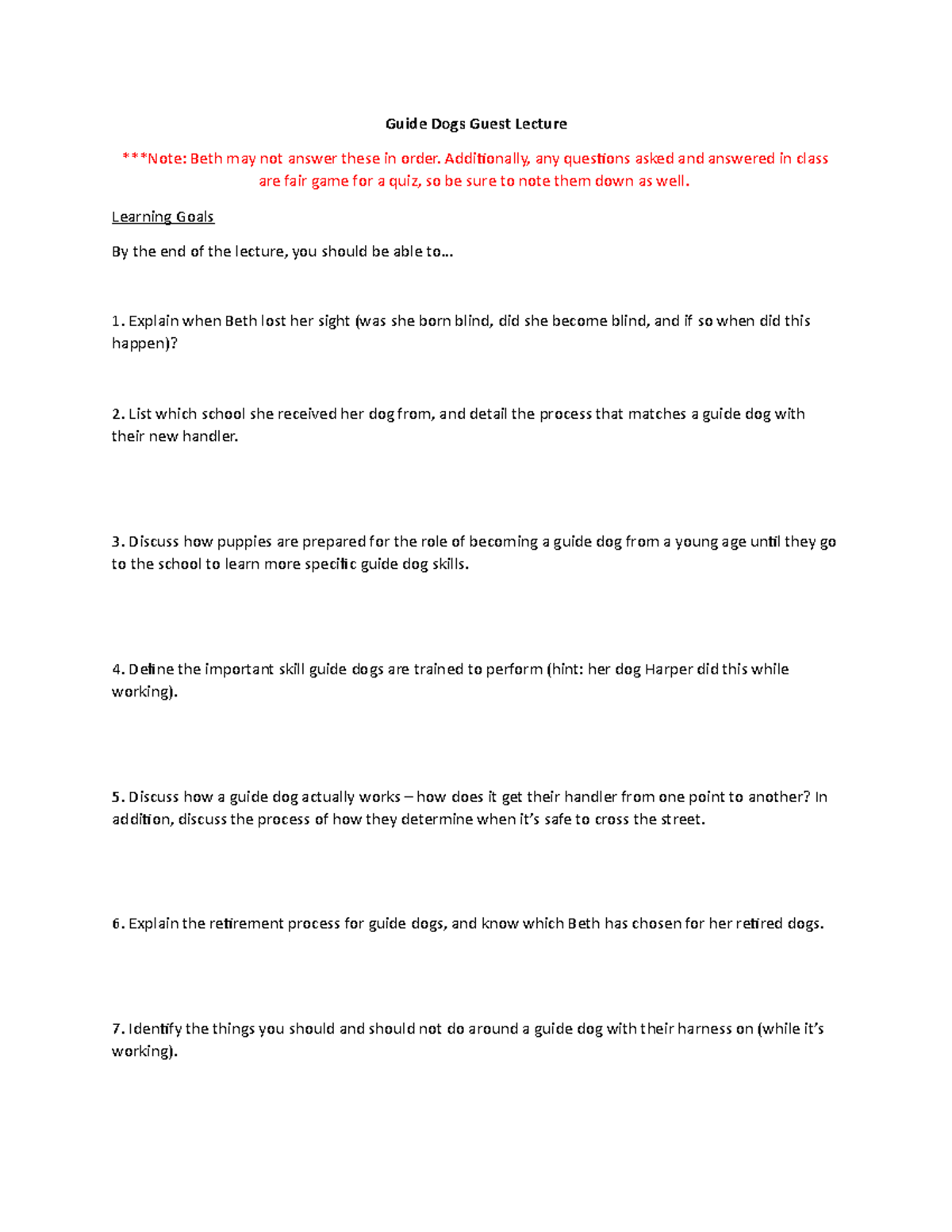 Guide Dogs Lecture - Guide Dogs Guest Lecture ***Note: Beth may not ...