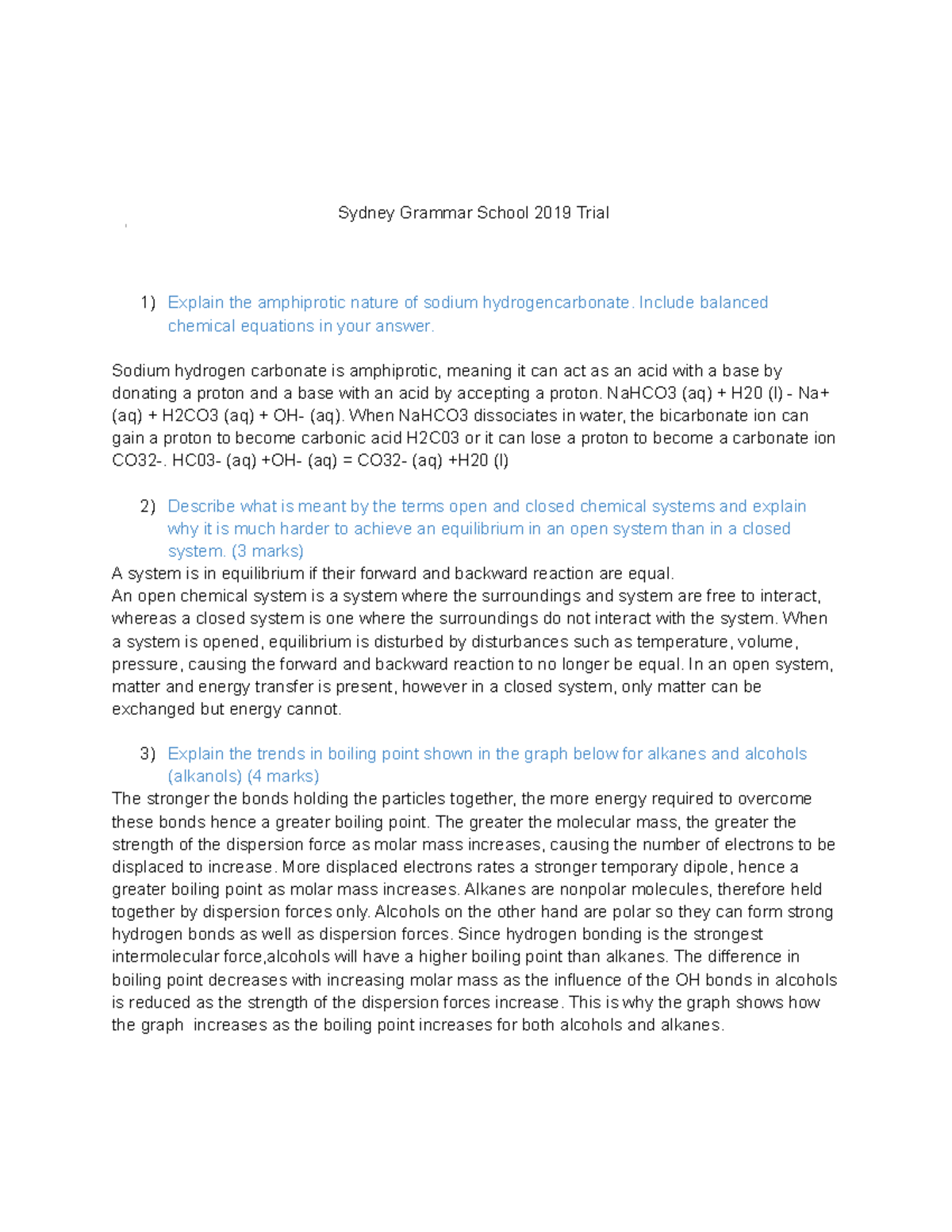 HSC Chemistry 2021 practice questions - Sydney Grammar School 2019 ...