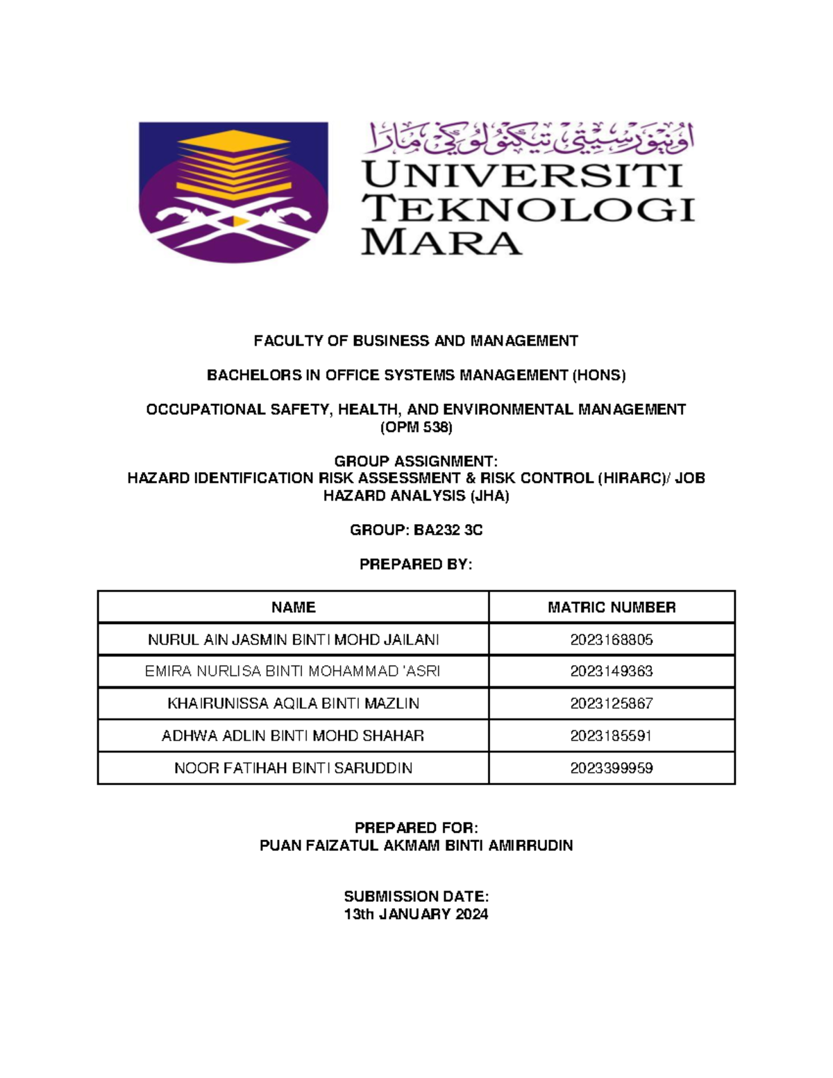 OPM538 - Report Assignment Hirarc - FACULTY OF BUSINESS AND MANAGEMENT ...