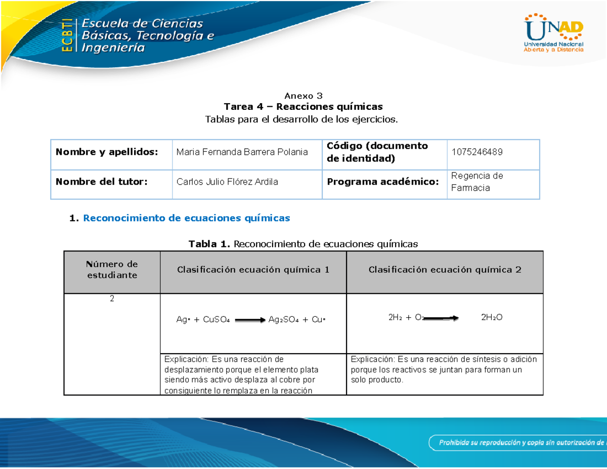 Word taller 4reacciones quimica - Anexo 3 Tarea 4 – Reacciones químicas Tablas para el ...