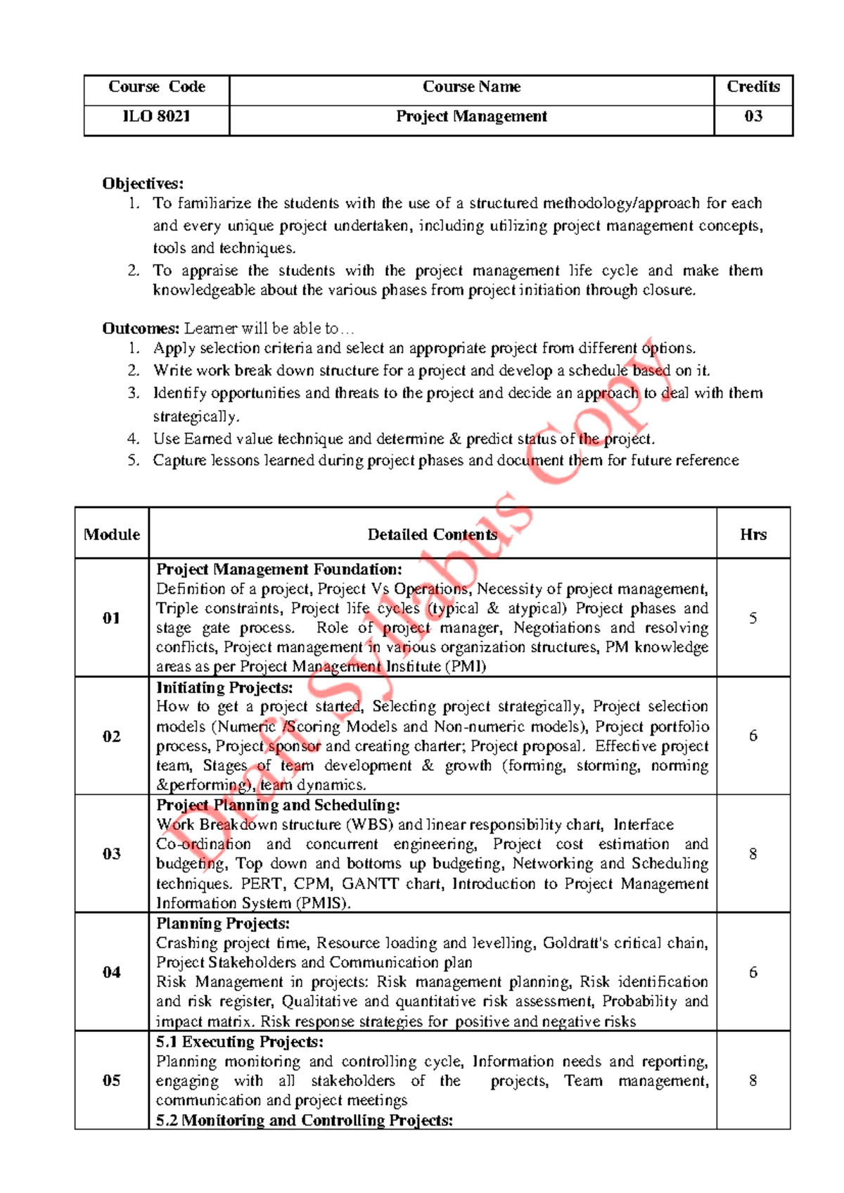 PM Syllabus - Course Code Course Name Credits ILO 8021 Project ...
