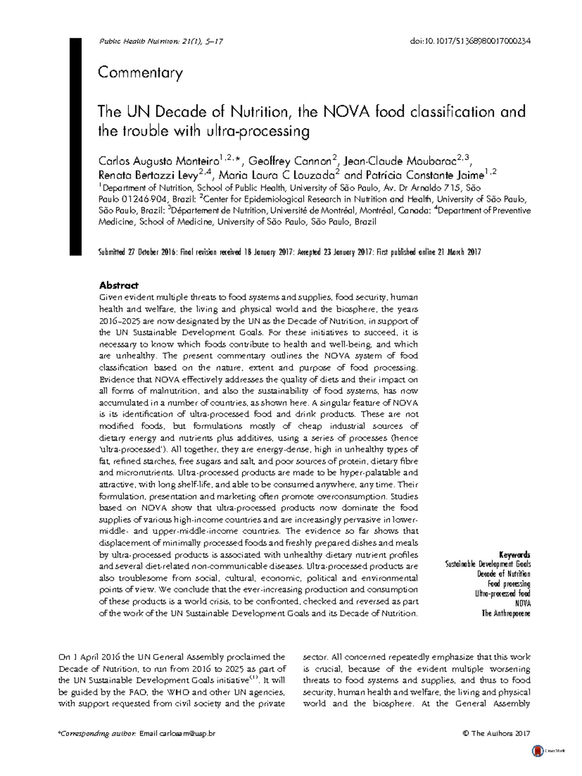 Un decade of nutrition the nova food classification and the trouble ...