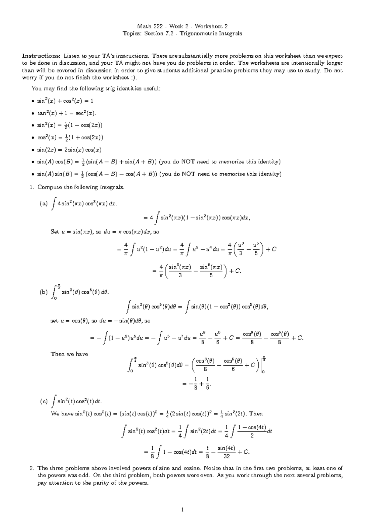 222 Wk2 2 Sec7 2 sols - Section 7.2 Worksheet - Math 222 - Week 2 - Worksheet 2 Topics: Section ...