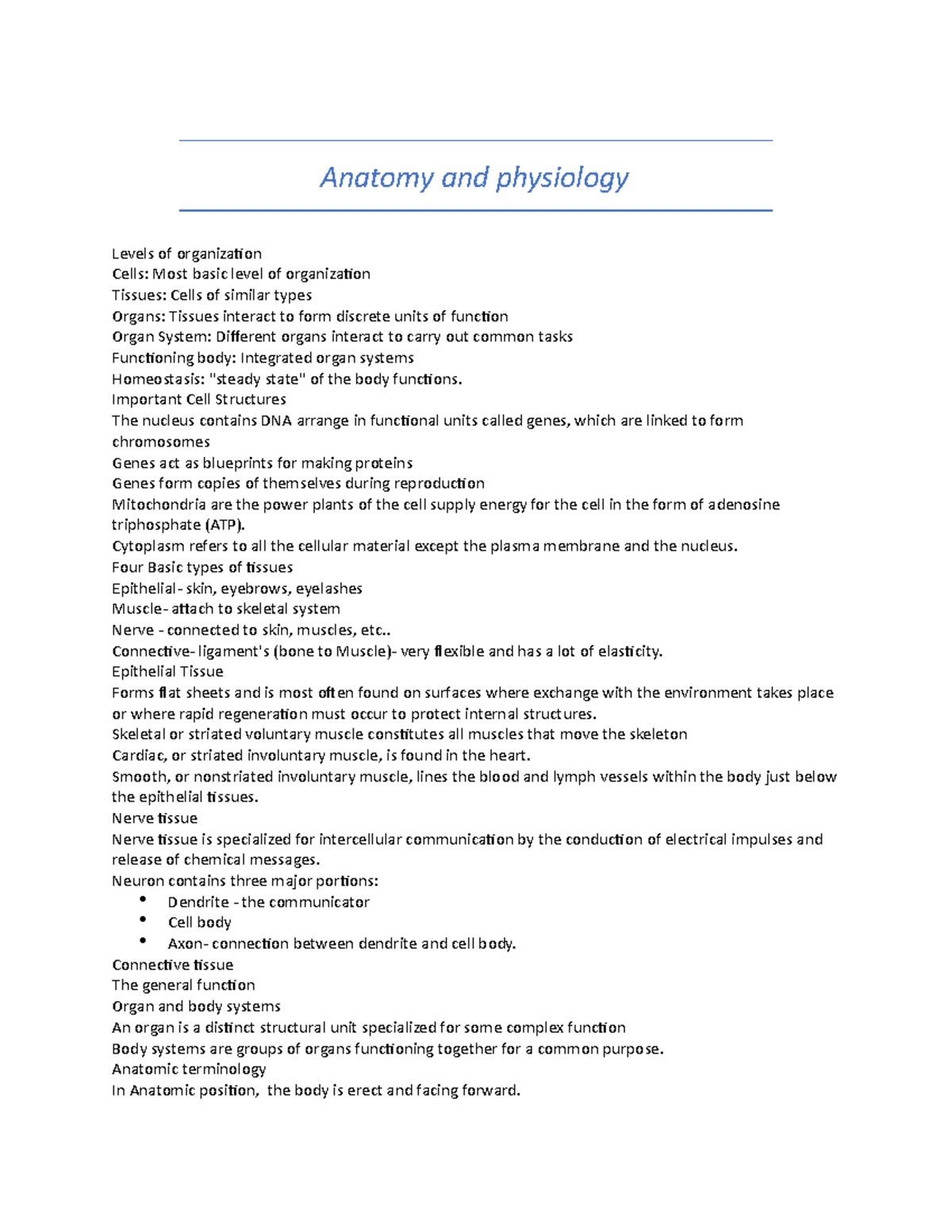 Anatomy and physiology - Anatomy and physiology Levels of organization ...