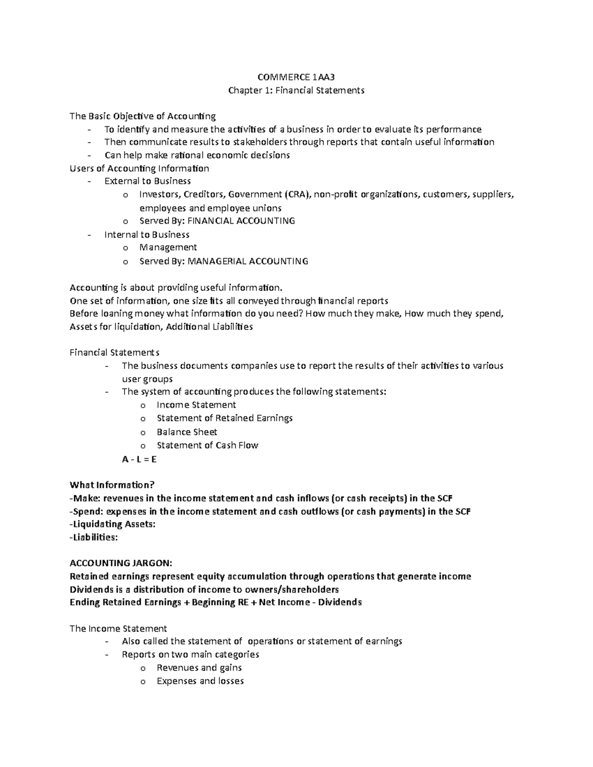 Chapter 1 notes - accounting - COMMERCE 1AA Chapter 1: Financial ...