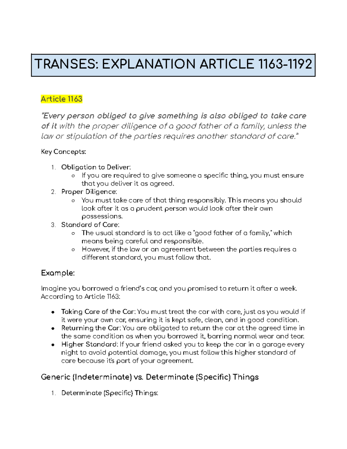 Att - Lecture Notes - TRANSES: EXPLANATION ARTICLE 1163- Article 1163 ...