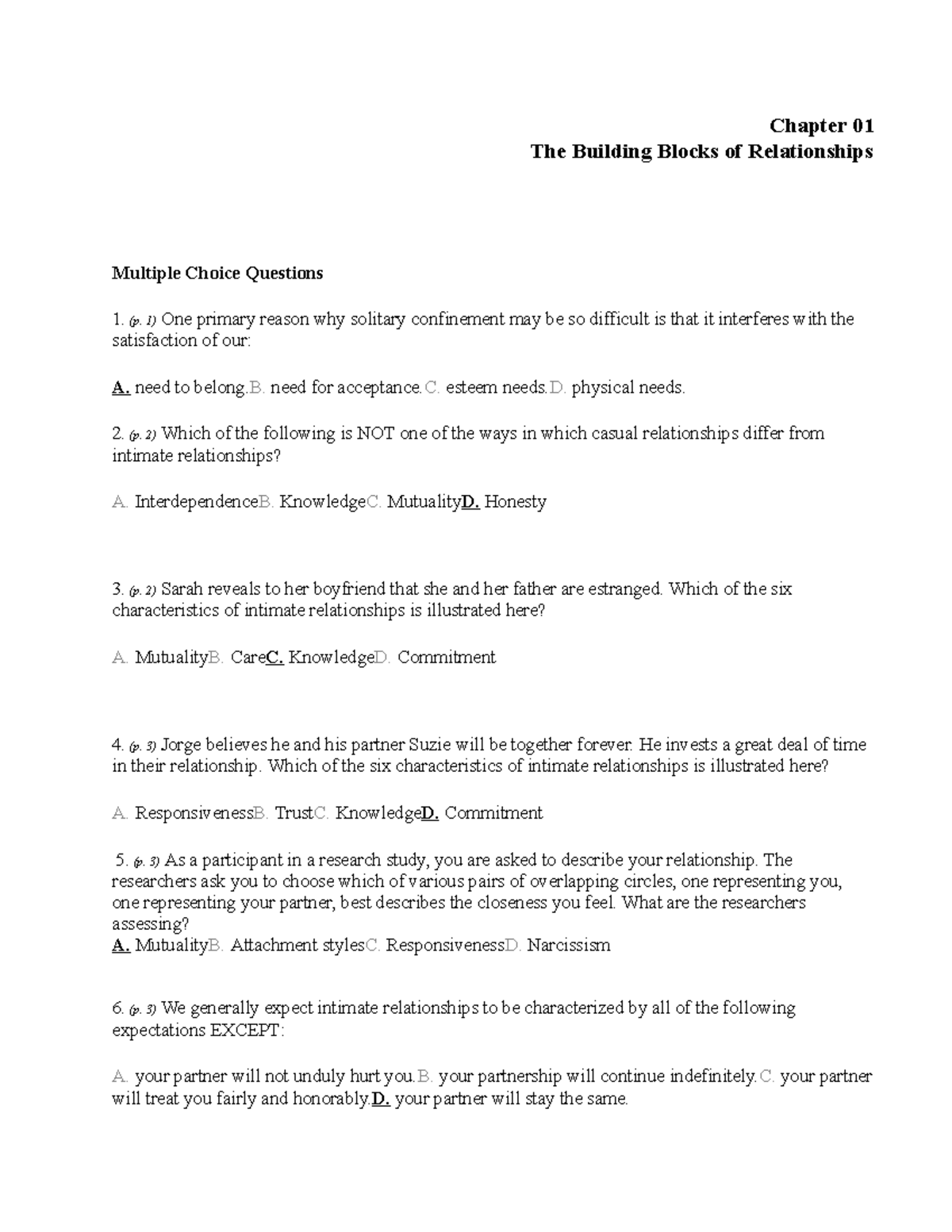 Family Studies Exam Bank - Chapter 01 The Building Blocks of Relationships Multiple Choice ...