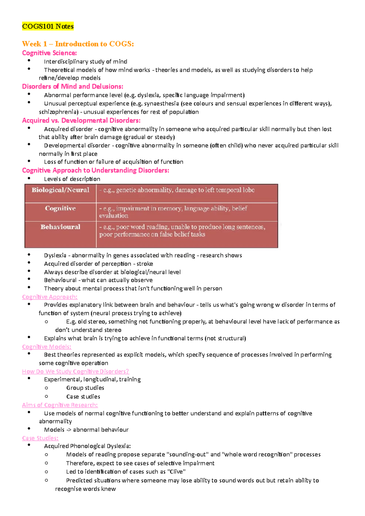 COGS101 Notes - COGS101 Notes Week 1 – Introduction to COGS: Cognitive ...