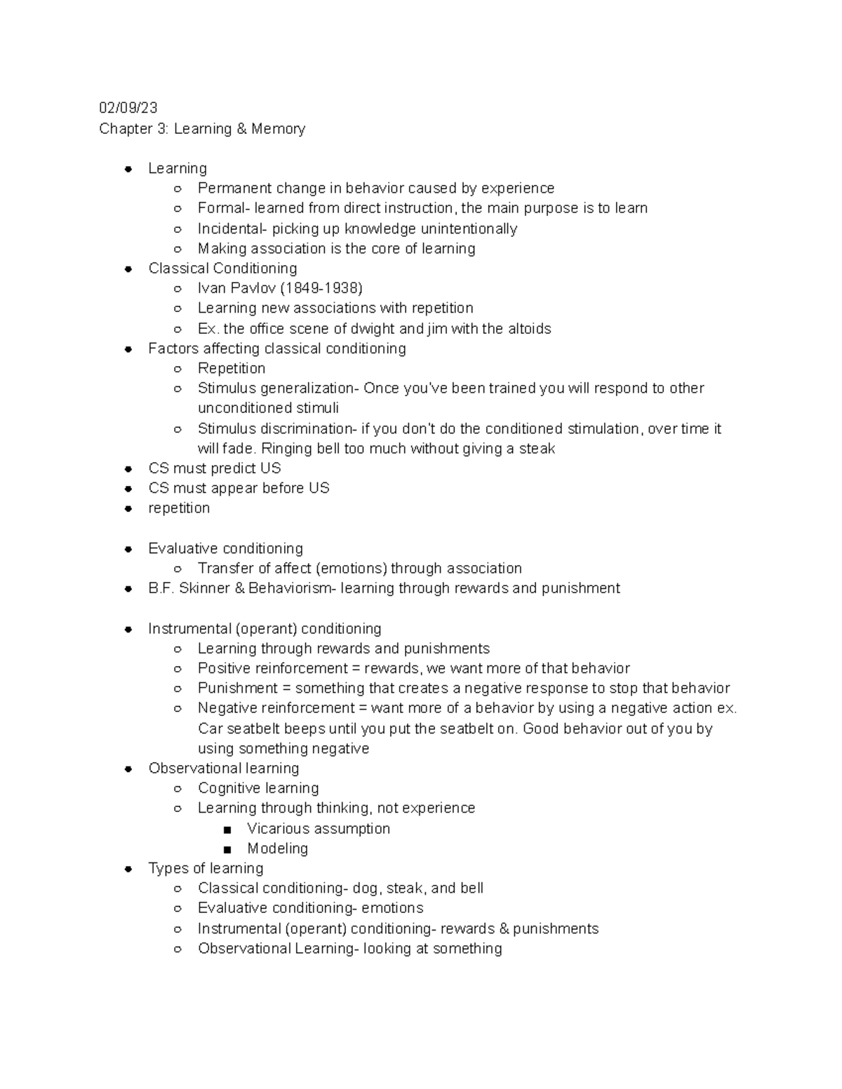 MKT 3411 Chapter 3 Notes - 02/09/ Chapter 3: Learning & Memory Learning ...
