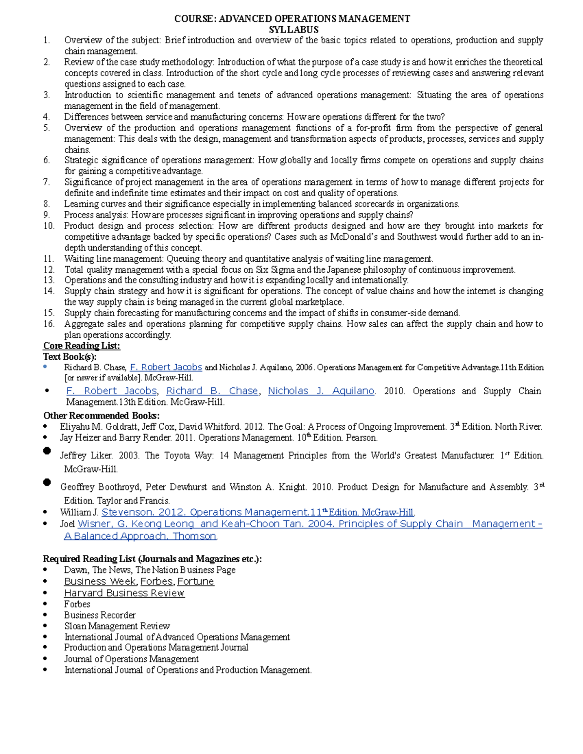 Course O. - COURSE: ADVANCED OPERATIONS MANAGEMENT SYLLABUS Overview of ...