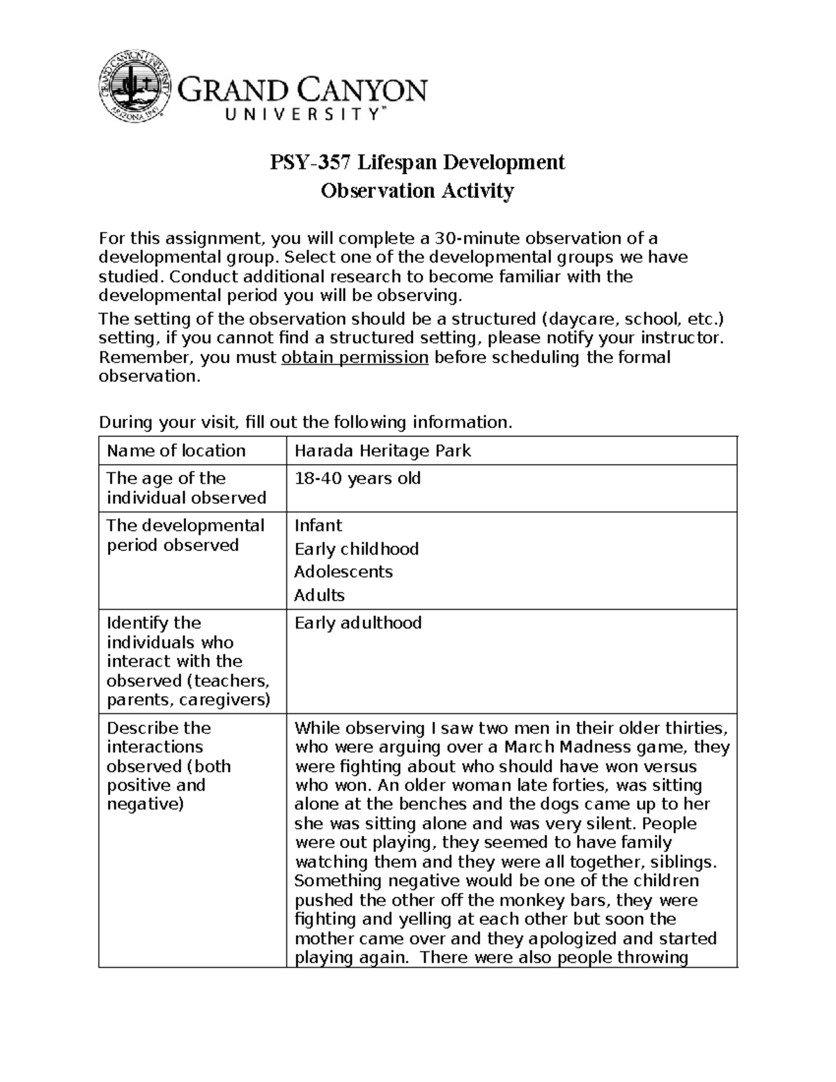 PSY 357 T7 RS Observation Activity - PSY-357 Lifespan Development ...