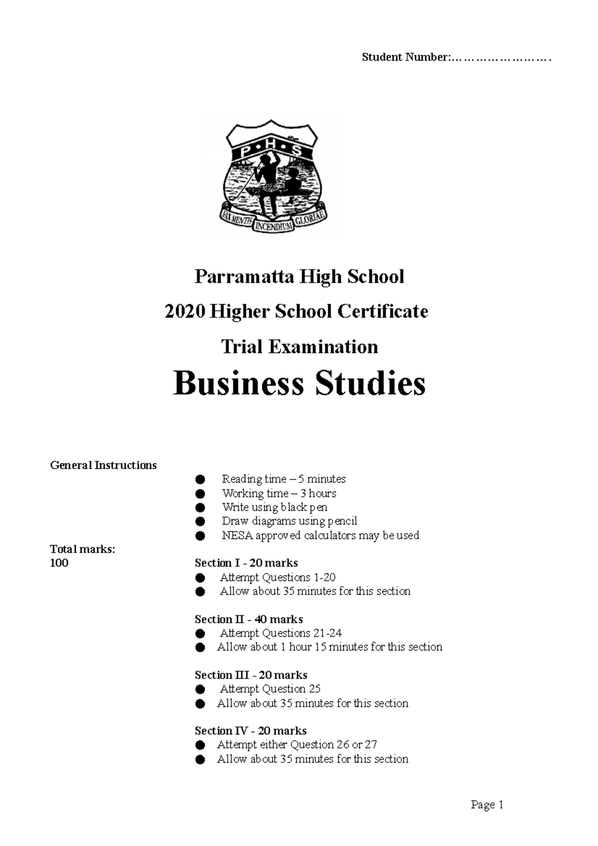 Business Studies 2020 Trial HSC exam - Student Number ...