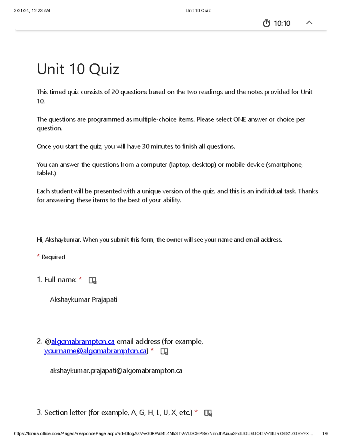Unit 10 Quiz - 10: Unit 10 Quiz This timed quiz consists of 20 ...