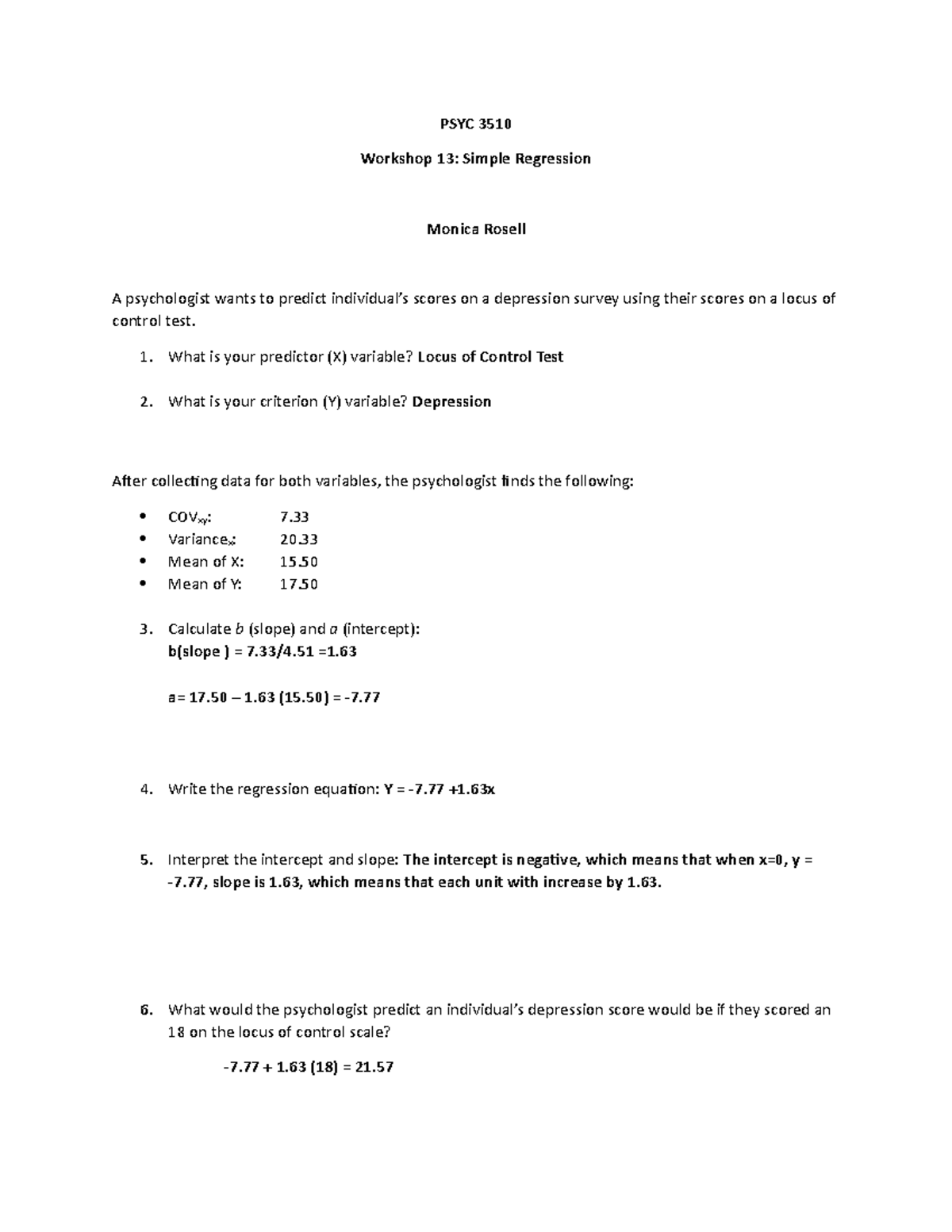 Workshop 13 Simple linear regression with answers - PSYC 3510 Workshop 13: Simple Regression ...
